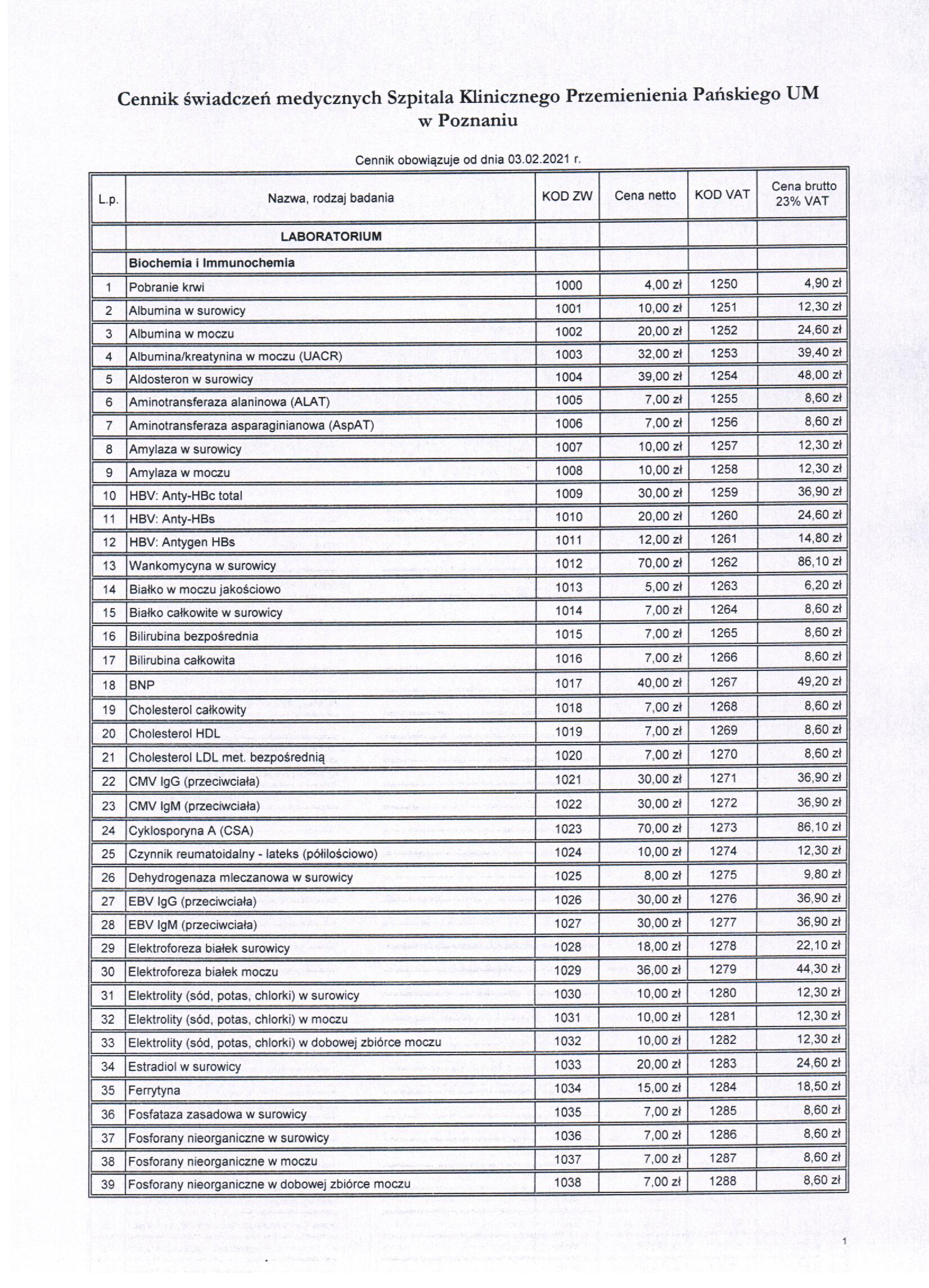 Cenniki badań | Szpital Kliniczny Przemienienia Pańskiego UM w Poznaniu